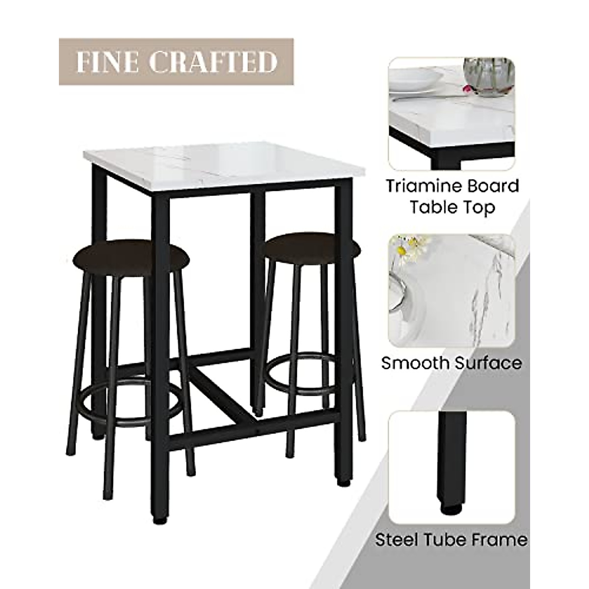 DKLGG 3-Pieces Bar Table and Chairs Set, Kitchen Dining Bar Height Table with 2 Bar Stools, Modern Bistro Pub Table Breakfast Square Bar Table Small Space for Kitchen, Living Room, Party Room, White