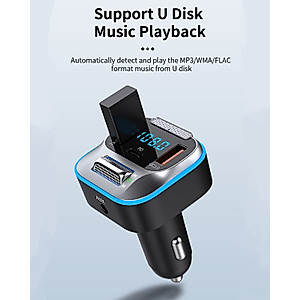 Bluetooth Car Adapter, Hi-Fi Bass Sound, Bluetooth Transmitter, FM Radio, Handsfree Calls, Fast Charging, 7 LED Colors, AUX Output, U Disk Support, Bluetooth Adapter for Car