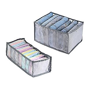 SALOMOCA 2 Pack Cloth Drawer Organizer Foldable Closet Dividers Nylon Pants Clothes Storage Box Fabric Dresser Compartments for Jeans Tshirt Clothing Organization(Grey, 7 Cells)