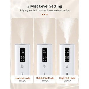 VAGKRI 12L Humidifiers for Large Room, Last 120 Hours, Cover up to 1000ft², Top Fill Ultrasonic Cool Mist Humidifier, 3 Mist Level, 24H Timer, Essential Oil Diffuser Humidifiers For Bedroom, Home
