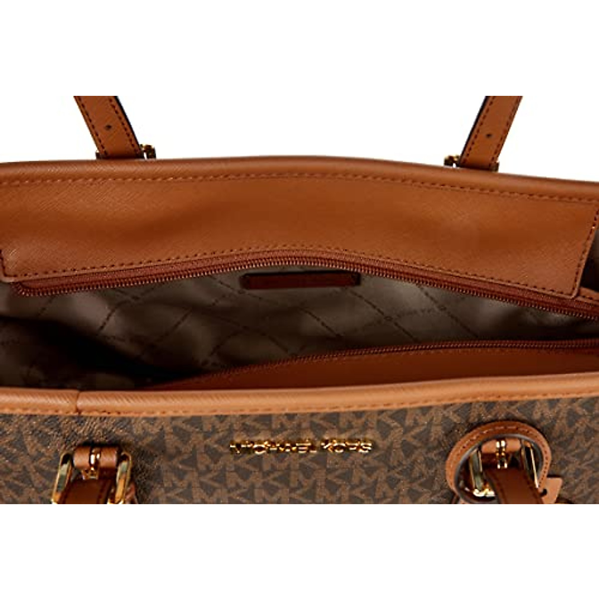 Michael Kors Jet Set Small Zip Top Shoulder Tote Handbag Brown Signature