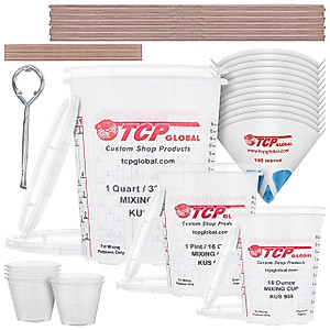 TCP GLOBAL Premium Paint Mixing Essentials Kit. Comes with 12 Mixing Cups, 6 Lids, 12 Wooden 12" Mixing Sticks, 12 Wooden Mini Mixing Paddles, 12 HQ 190 Mesh Paint Strainers & Paint Can Opener.