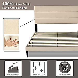 QZhommer Upholstered Platform Bed Queen Size Metal Bed Frame with Headboard and Strong Wooden Slats,Non-Slip and Noise-Free,No Box Spring Needed, Mattress Foundation,Easy Assembly,Beige
