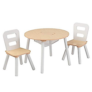 KidKraft Wooden Round Table & 2 Chair Set with Center Mesh Storage - Natural & White, Gift for Ages 3-6 23.5 x 23.5 x 17.3 and Wooden Two-Step Children's Stool with Handles - White, Gift for Ages 3-8