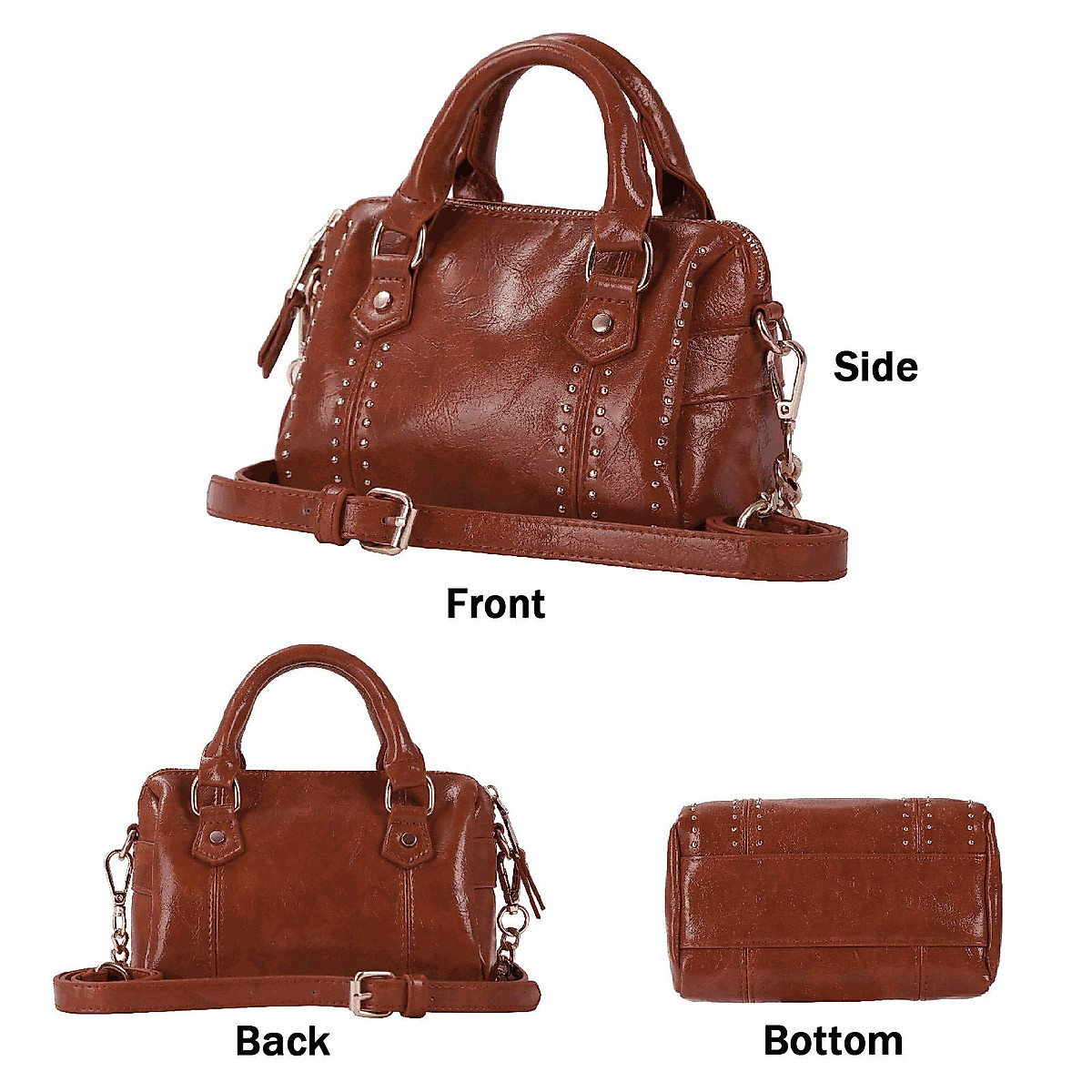 LUCSIS Women's rivets studded crossbody bag purse handbag small light weight cute mini bag PU leather Brown(Camel)