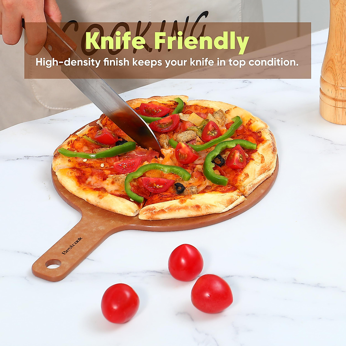 BESTCOOK Wood Fiber Pizza Cutting Board, Durable Wooden Pizza Board with Easy Grip Handle - Perfect for Baking, Cutting, and Serving Pizza, Bread, Fruits, Vegetables, and Cheese, 9 inch