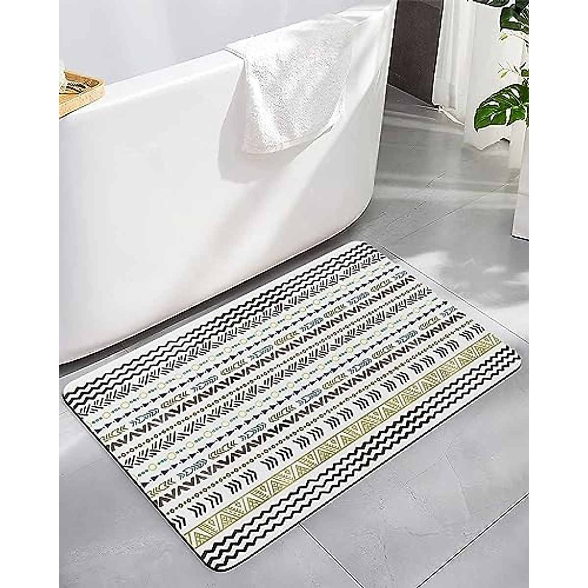 Boho Bath Mat for Tub,Non Slip Bathroom Floor Runner Rug Quick Dry & Absorbent Diatomaceous Earth Kitchen Room Shower Sink Washable Doormat,Black Bohemia Modern Abstract Geometric Stripes 16"x24"