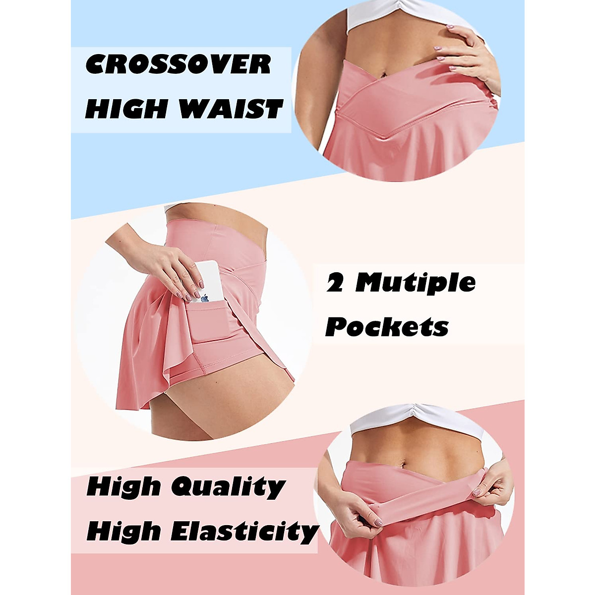 RIOJOY Tennis Skirts for Women with Pockets Inner Shorts Cross High Waisted Golf Athletic Running Workout Sports Outfits(A# V-Waist Pink,M)