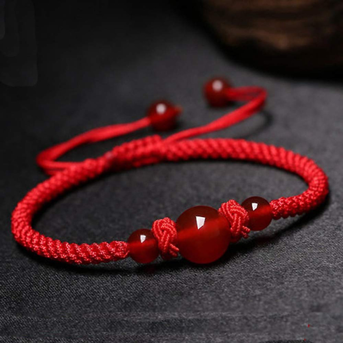 MENGLINA Men Women Handmade Lucky Chinese Knot Adjustable Rope Couple Bracelets Natural Red Agate Stone Black Obsidian Ball Beads Braided Feng Shui Bracelet Lovers Jewelry (Multicolor)
