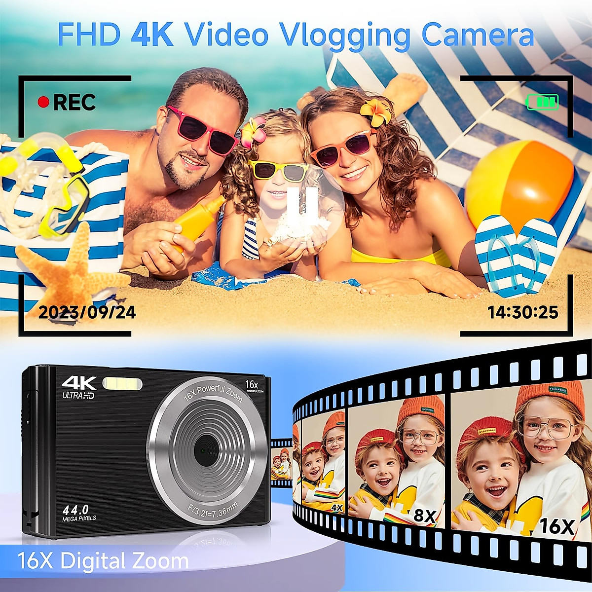 Digital Camera for Teens, FHD 4K 44MP Digital Camera with 64GB SD Card 16X Digital Zoom, Digital Camera Compact Point and Shoot Camera for Teens Boys Kids Camera Digital Black(Black)