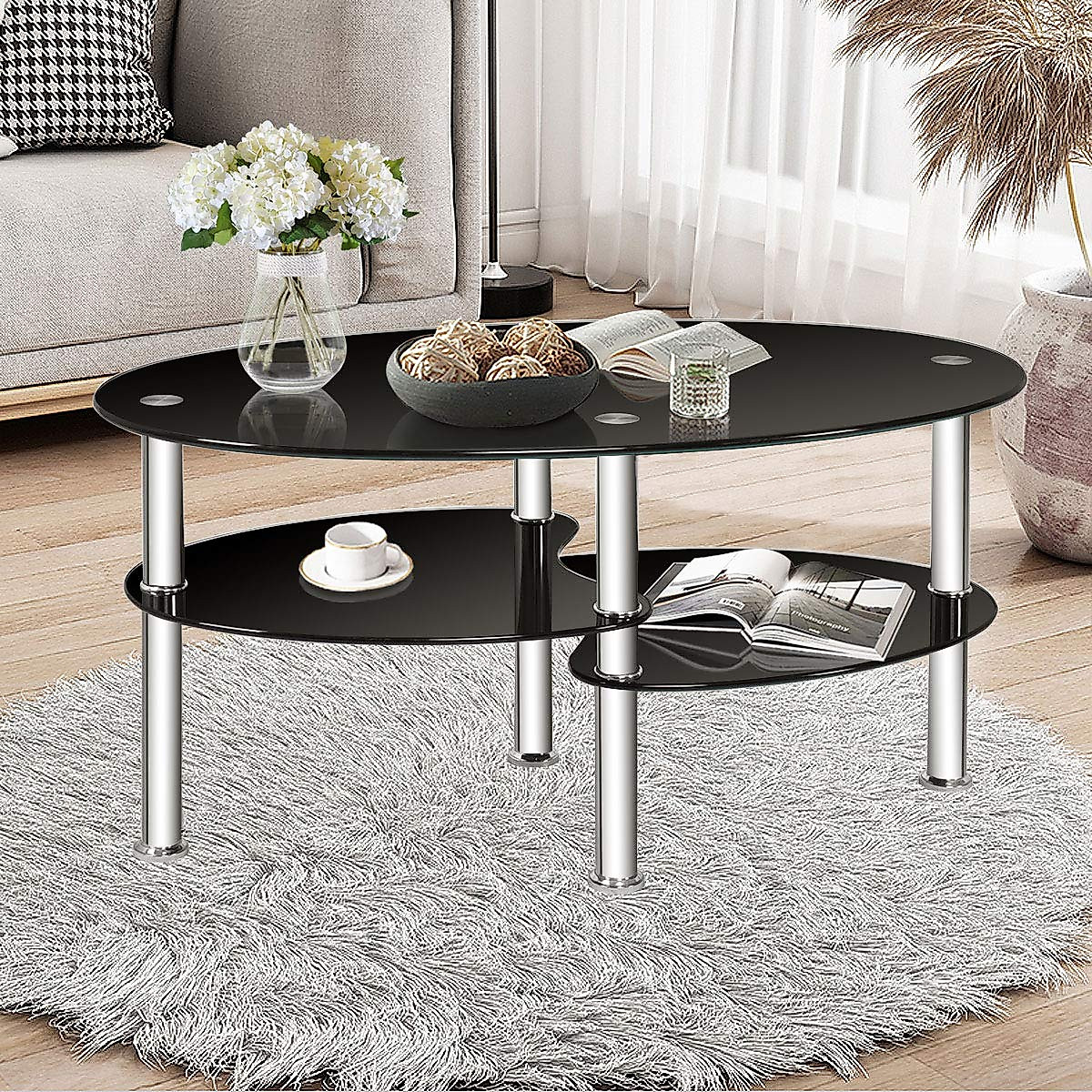 Casart Glass Coffee Table End Table 2 Tire for Home &Office with Sturdy Chrome Plated Legs Tea Table (Black)