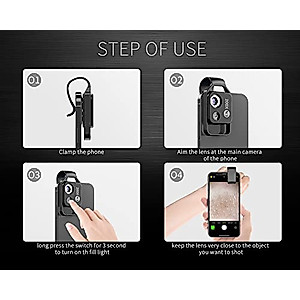 200X Phone Mini Pocket Microscope, with LED Light/Universal Clip, Portable Digital Microscope Camera Lens Attachments for Smartphone, Open up The microworld for Kids Adults (Black with CPL)