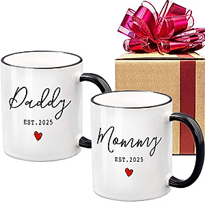New Daddy & Mommy Est 2025 Coffee Mugs Set of 2, First Time Mommy Daddy Gift Prospective Parents Mugs Gift, New Parents Gift, Pregnancy Announcement Baby Reveal Mug (Black handle)-56