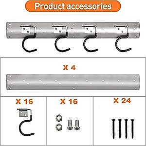 WALMANN All Metal 64 Inch Wall Mount Garden Tool Organizer for Garage, Mop and Broom Holder, Yard Tool Storage Rack for Rake, Shovel, Spade, Mop, Broom, Wall Mount Storage Organizer(4 Rails, 16 Hooks)