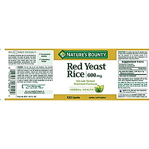 Nature's Bounty Red Yeast Rice Pills and Herbal Health Supplement, Dietary Additive, 600mg, 120 Capsules (Pack of 2)