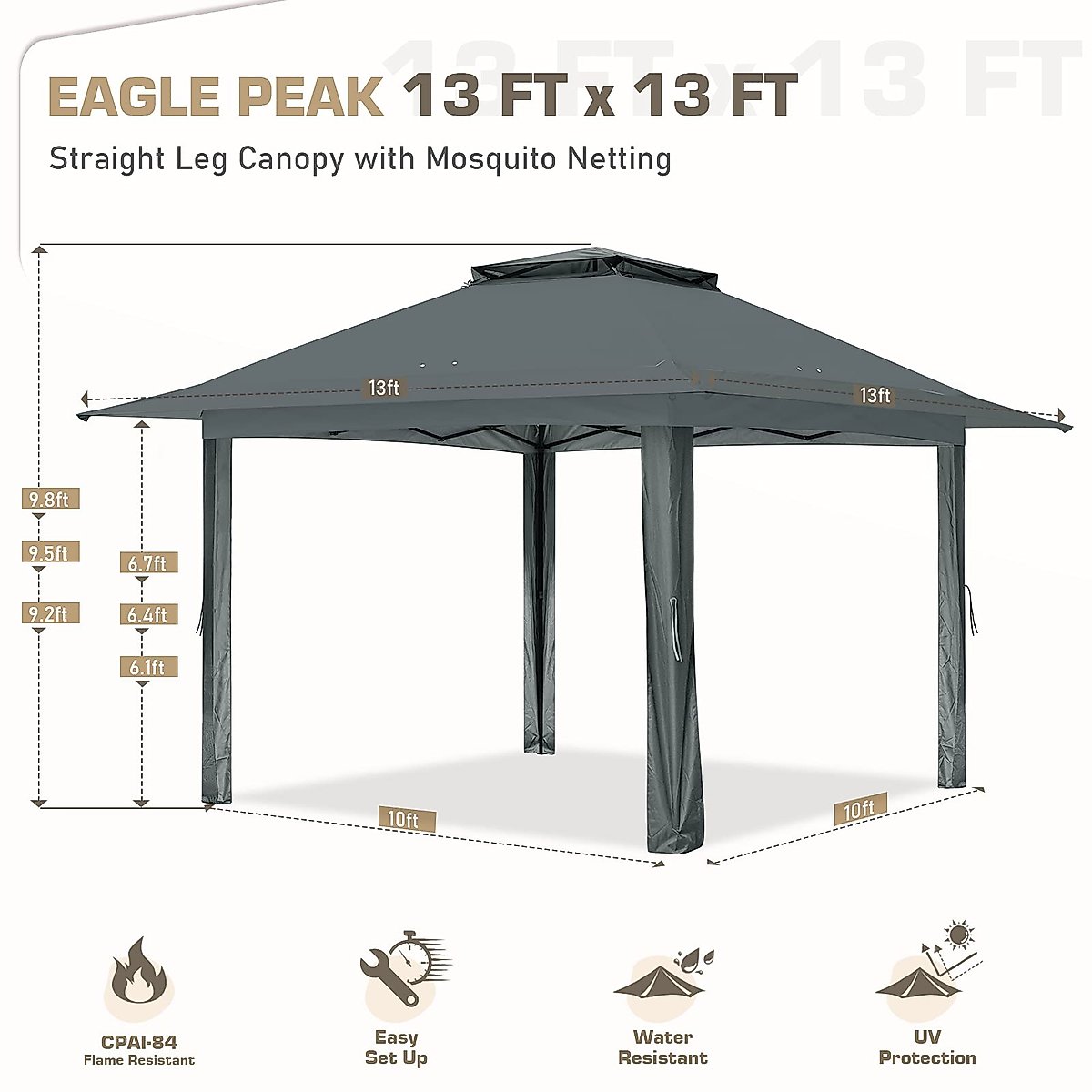 EAGLE PEAK 13x13 Pop Up Gazebo with Mesh Netting, Easy Up Screened Canopy for Patio and Backyard, Easy Set up Outdoor Gazebo (Gray)