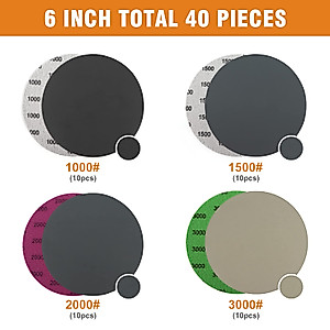 POLIWELL 6 Inch (150mm) Hook and Loop Sanding Discs, 1000/1500/2000/3000 Assorted Grit Wet Dry Sandpaper with Premium Silicon Carbide Abrasive for Automotive Woodwork Art Craft, Pack of 40