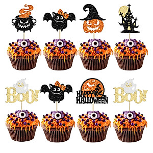 24Pcs Happy Halloween Cupcake Toppers Glitter Halloween Cupcake Picks Bat Pumpkin Ghost Cupcake Decorations for Halloween Theme Baby Shower Birthday Party Cake Supplies