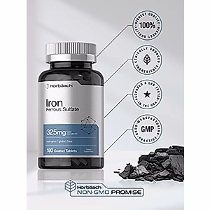 Iron Ferrous Sulfate | 325mg | 180 Count | Vegetarian, Non-GMO & Gluten Free Dietary Supplement | by Horbaach