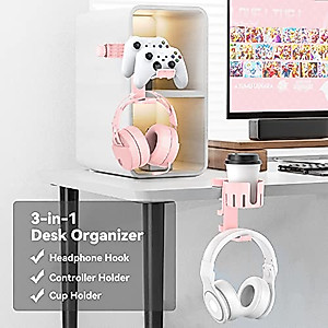 KDD Rotatable Headphone Hanger - 3 in 1 Under Desk Clamp Controller Stand Replaceable Cup Holder - Compatible with Universal Headset, Controller, Cup(Pink)
