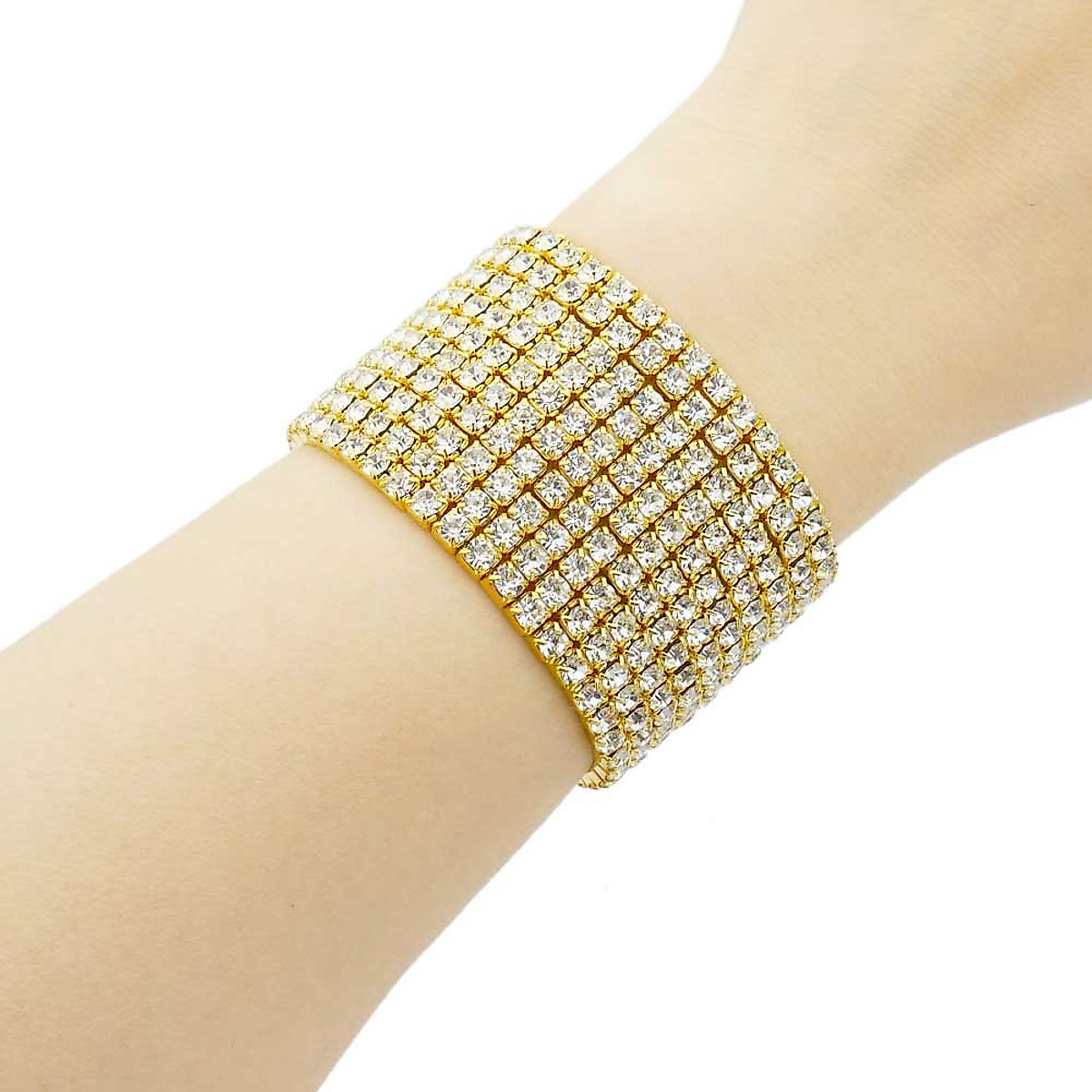 JSEA G10-Ladies Rhinestone Bracelet Stretch Silver Tone Womens Elastic Bracelet Bangles Small Wrist Gold Tone