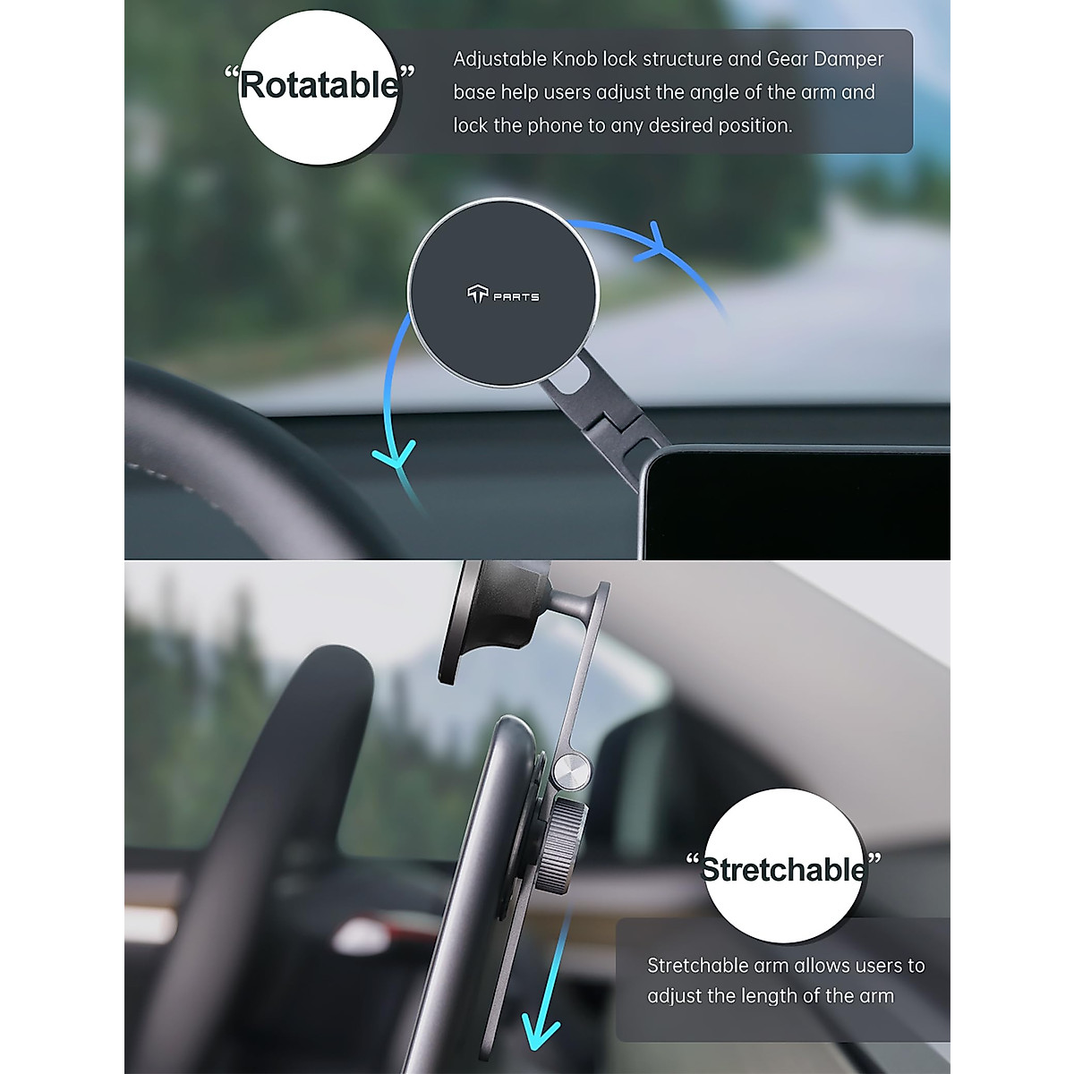TPARTS Foldable Magnetic Car Mount, Hidden Design for Tesla Model 3/Y, Compatible with iPhone 15 Pro, 14, 13, 12, MagSafe Cases