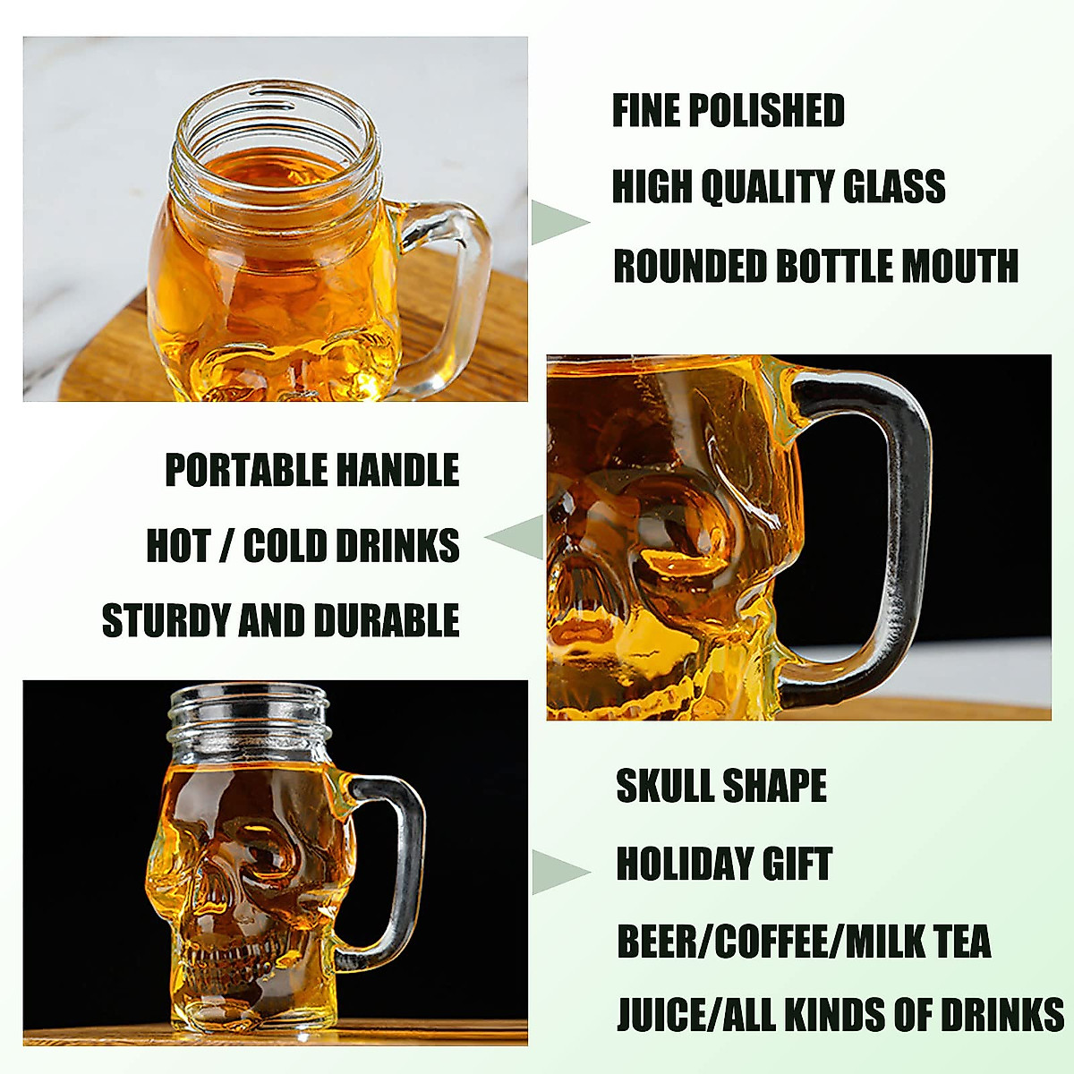 GXFCCYXT 16oz Skull Mason Jar Glass Cup - Set of 4, with Handle & Striped Straws & Black Lids, for Cold & Hot Drinks, Cute Reusable Beer Bottle, Iced Coffee Glasses, Party Juice Glass Cup