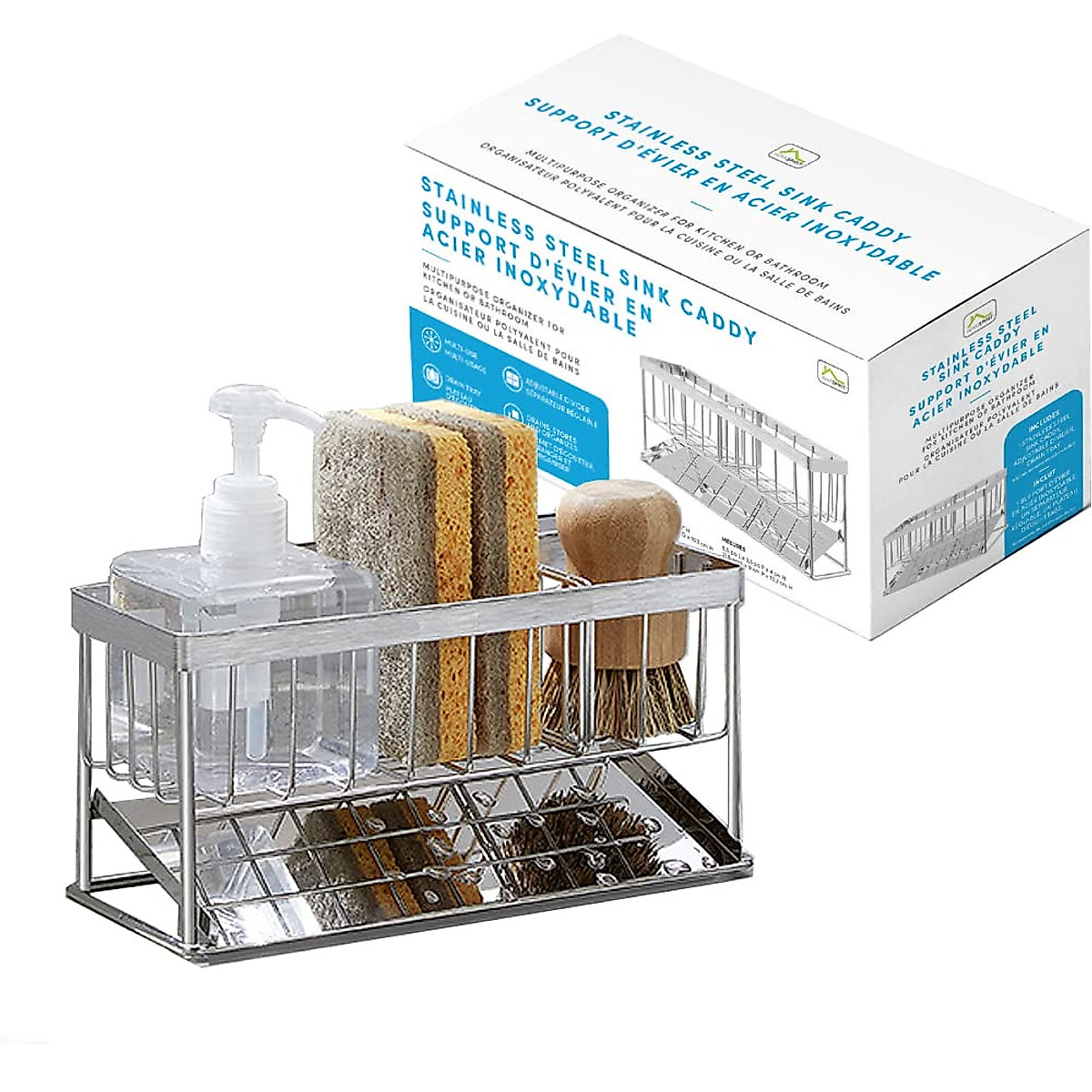 Home Spirit Sink Caddy Organizer Countertop For Kitchen, Bathroom, Sponge Holder, Soap, Brush, Bottle Storage Gadget, Angled Drain Tray, Adjustable Divider…