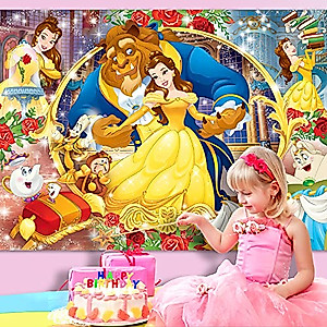 Beauty and The Beast Backdrop,7x5 FT Princess Belle Banner Princess Belle Background Beauty and The Beast Theme Birthday Party Backdrop Supplies & Decor for Girls