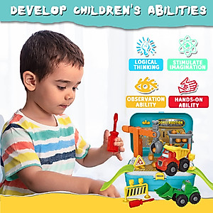 KAEGREEL Construction Vehicles Toys for Boys, 60PCS Take Apart Trucks Engineering Building Excavator Crane DumpToy Set with Backpack, STEM Birthday Gifts for Kids Aged 3 4 5 6 8 Year Old Toddlers