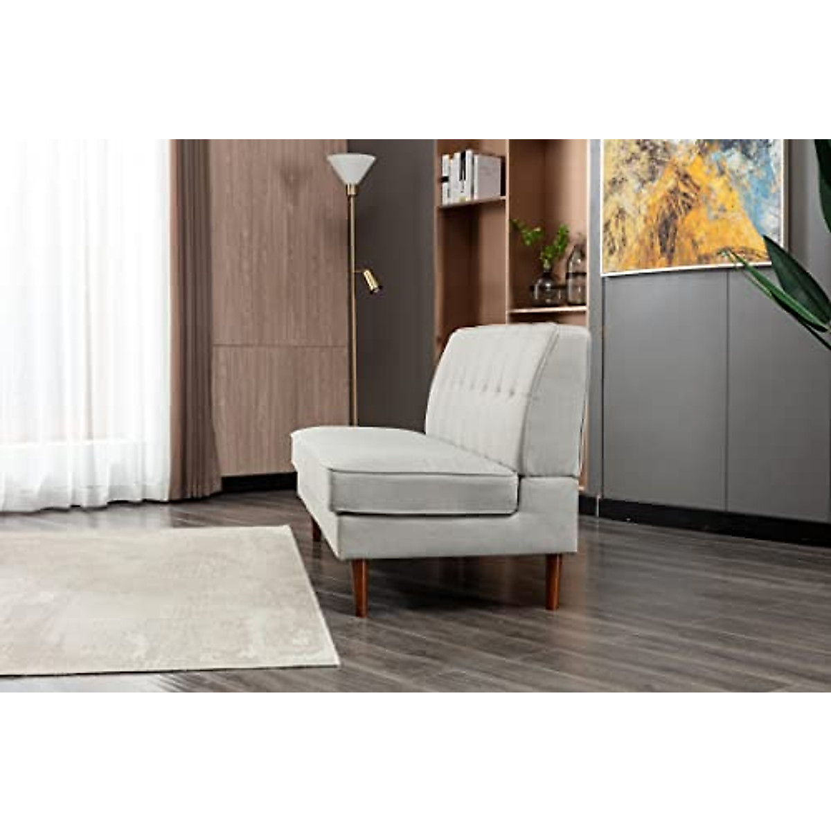 Aoowow Modern Armless Futon Sofa, Living Room Couch,Mid-Century Tufted Linen Upholstered Sofa Couch with Wood Legs for Compact Living Space, Apartment (Beige)