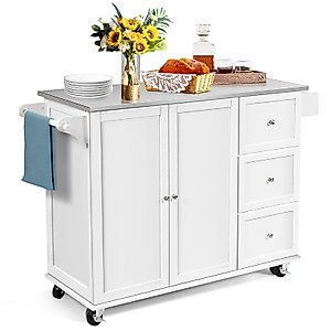 COSTWAY Kitchen Island cart on Wheels, Mobile Serving Cart w/Stainless Steel Countertop, 3 Drawers, 2-Door Cabinet, Adjustable Shelves, Towel Holder & Spice Rack, Utility Trolley on Wheels, White