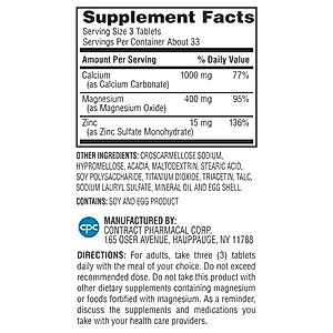 Earth's Splendor 1000 mg Calcium, 400 mg Magnesium, and 15 mg Zinc, Heart and Immune System Health, Bone and Muscle Support Dietary Supplement, 100 Tablets 1 + Month Supply