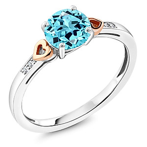 Gem Stone King 925 Silver and 10K Rose Gold Swiss Blue Topaz and White Diamond Engagement Ring For Women (1.68 Cttw, Round 7MM, Gemstone Birthstone, Available In Size 5, 6, 7, 8, 9)