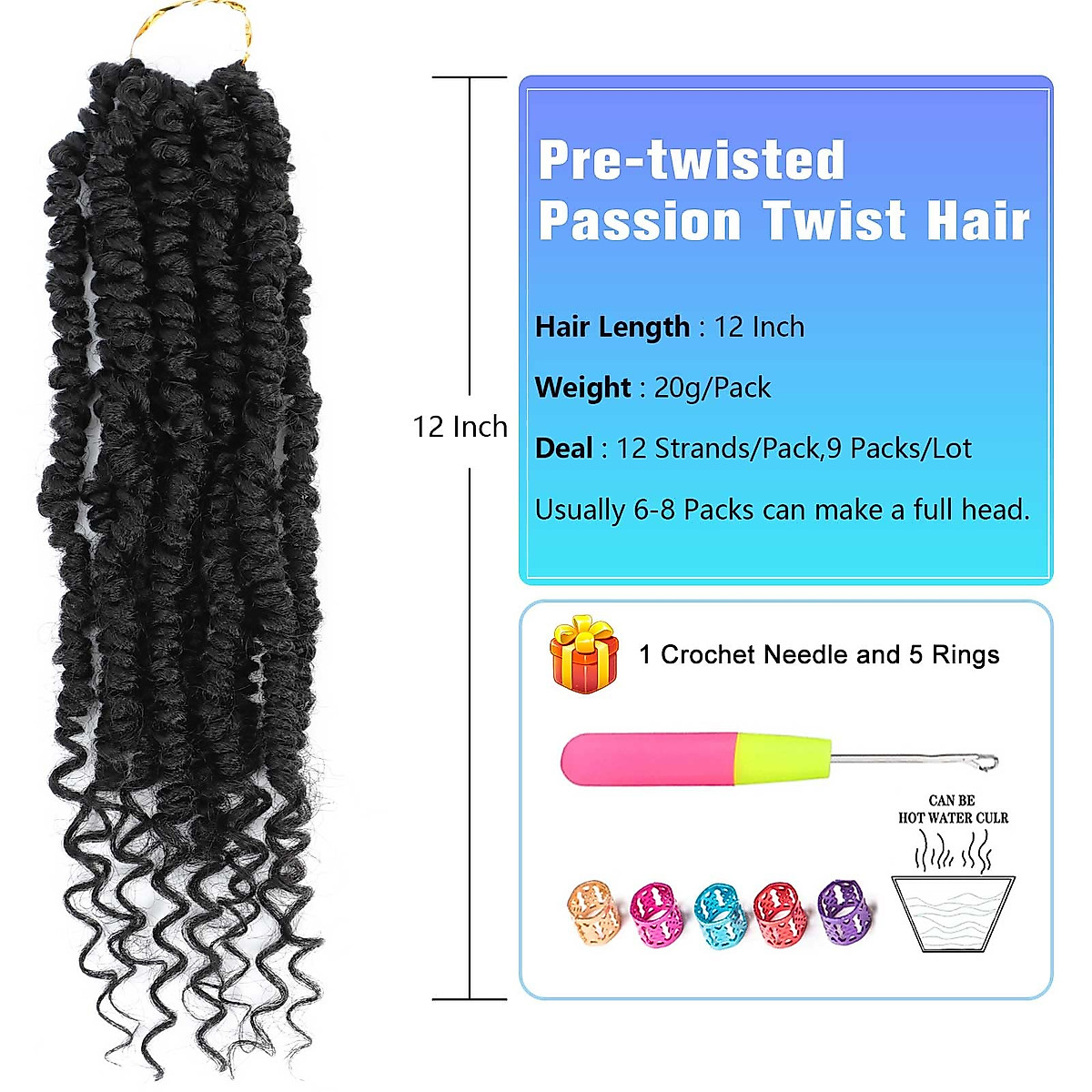 Passion Twist Crochet Hair,12 Inch 9 Packs Pretwisted Passion Twist Hair, Soft Pre Looped And Pre twist Crochet Hair For Women，Short Black Curly Crochet Braids(12",1B#)