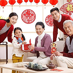 HOWAF Chinese New Year Decoration 2023- Fu Character Garland Red Lantern Garland, Lunar New Year Red Window Stickers, Red Envelope, Lion Hanging Card, New Year Eve Party Decoration Supplies, Pack of 54