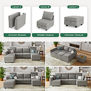 HONBAY Modular Sectional Sofa U-Shaped Sectional Couch with Storage Seats, Convertible Sectional Couch Modular Sofa, Grey