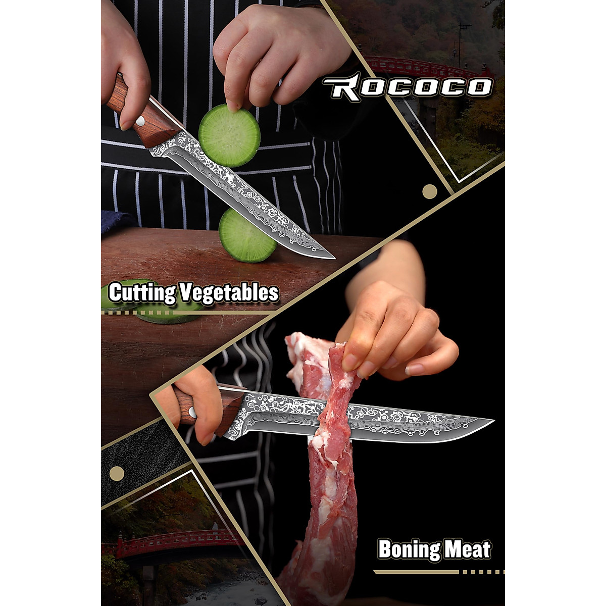 ROCOCO Damascus Boning Knife for Meat Cutting Deboning Brisket Slicing Trimming knife Fish Fillet Knife with Narrow Blade for Kitchen Camping BBQ Birthday Mothday's Day Gift 5.3"