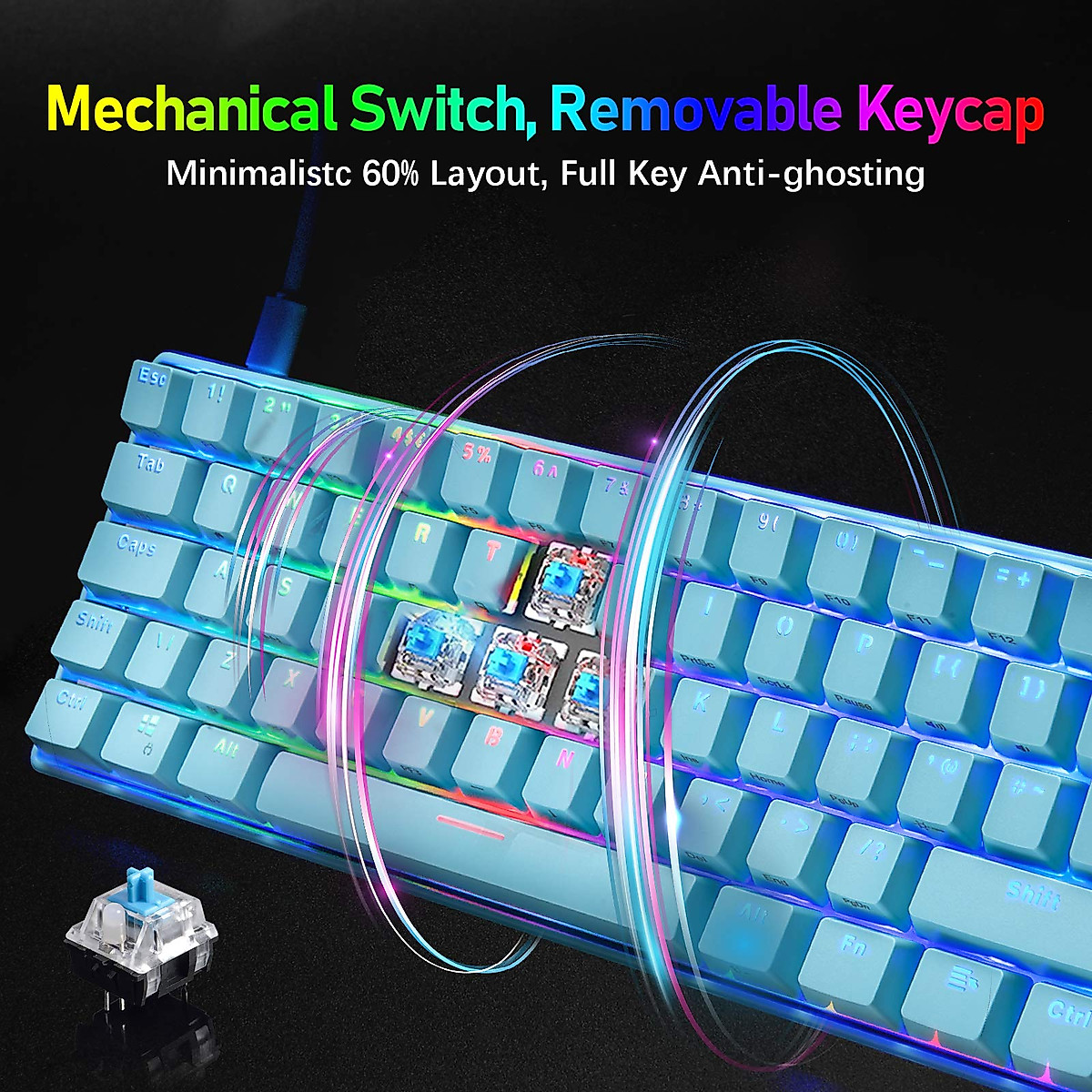 Mechanical Gaming Keyboard and Lightweight Honeycomb Mouse Combo with Rainbow RGB Backlit Full Anti-ghosting 61 Key Ergonomic Programmable Mice Wired USB for Laptop PC Gamer Typist(Blue/Blue Switch)