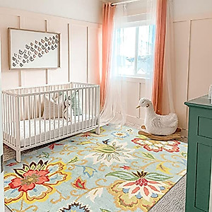 Lahome Machine Washable Floral Living Room Rug - 5x7 Area Rugs for Bedroom Non-Slip Large Low-Plie Kitchen Rug Soft Throw Nursery Kids Room Rug Distressed Indoor Carpet for Dining Room Entryway Office