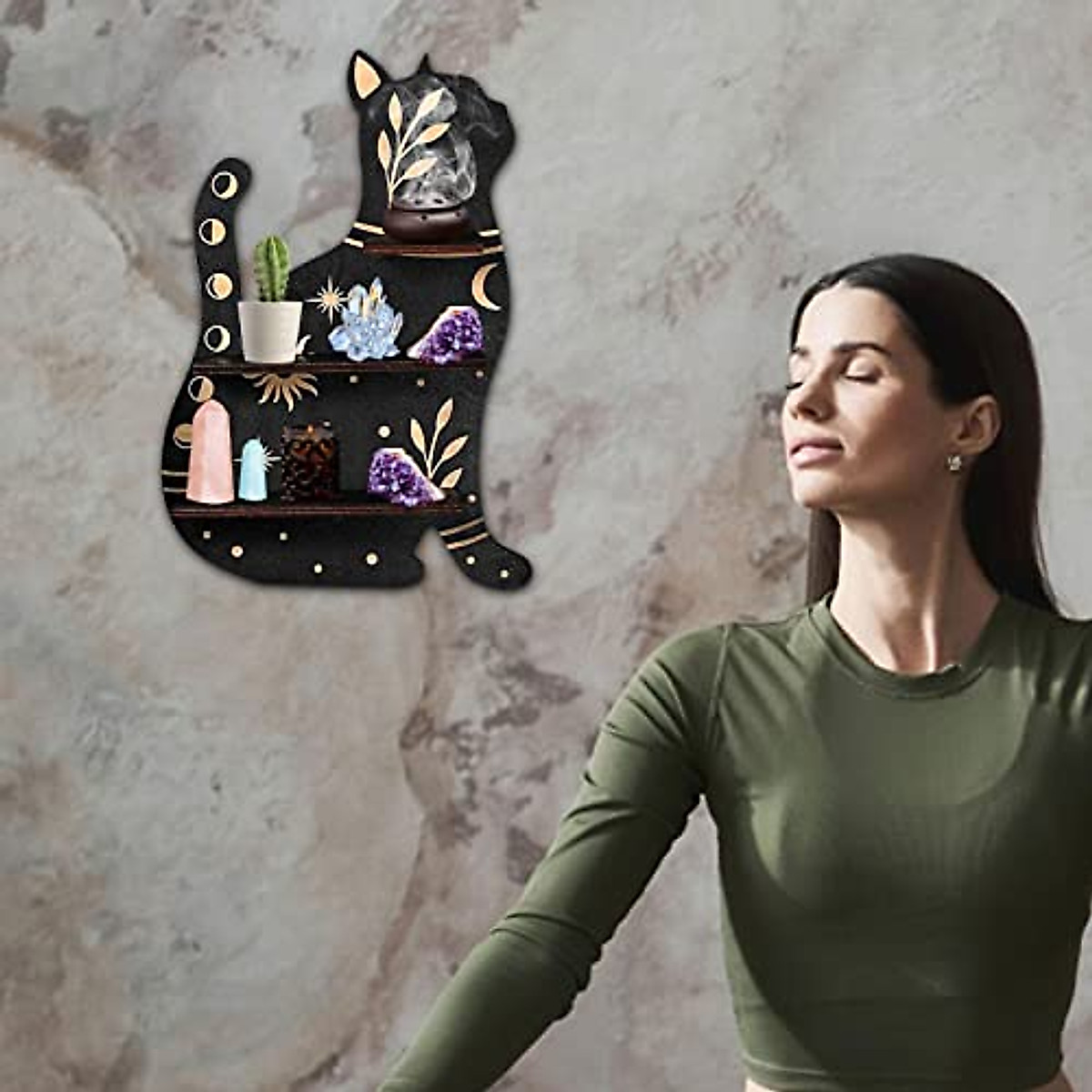 Migno Cat Moon Shelf,Rustic Wooden Black Cat Display Shelf | Wall Mounted Crystal Display Shelf Decorative Crystal Organizer for Living Room Yoga Room