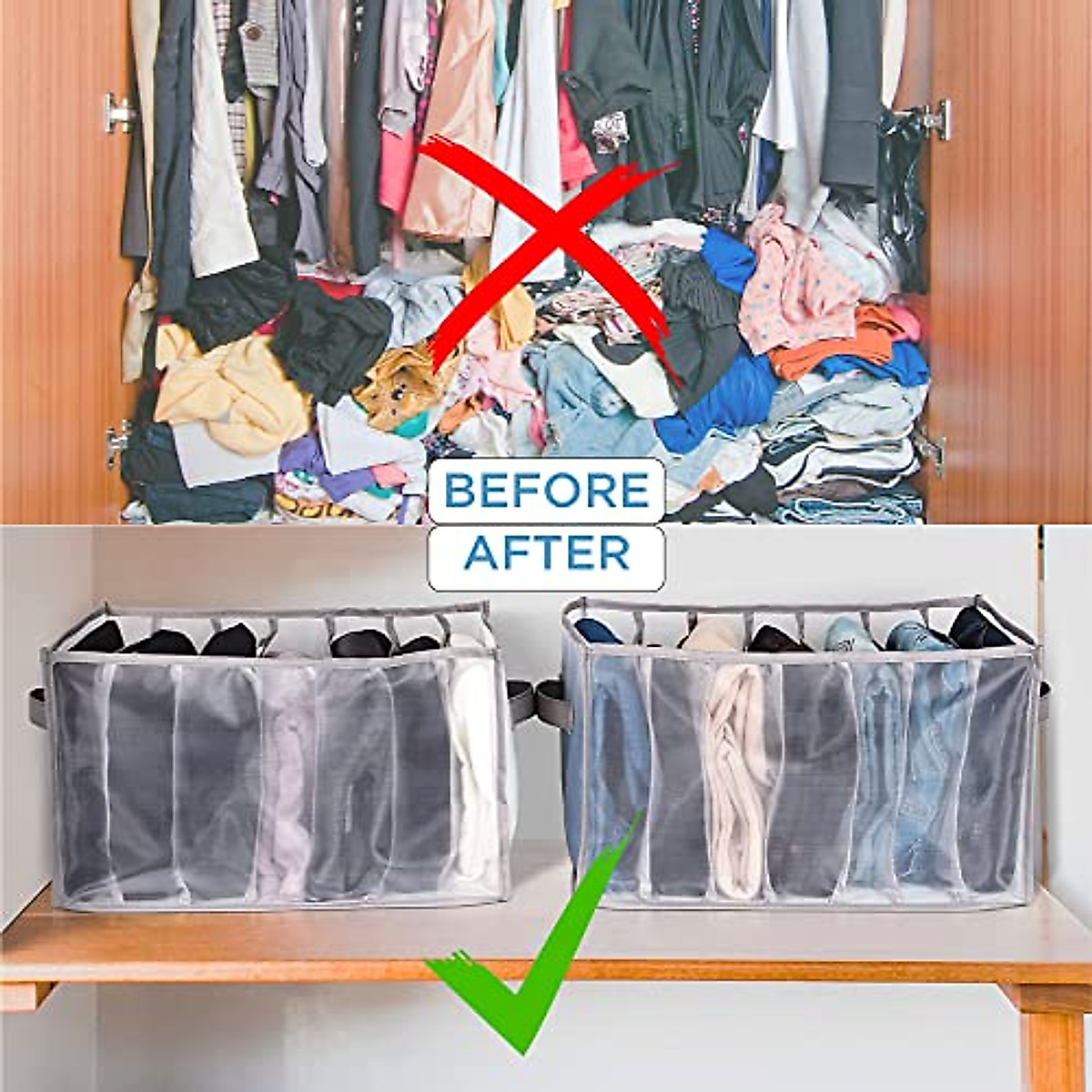 2 Pack Wardrobe Clothes Organizer , Jeans for Closet comes with 24 cell Sock Underwear Dividers Mesh Drawer Large 7 Grids Foldable Compartment Storage Box, gray