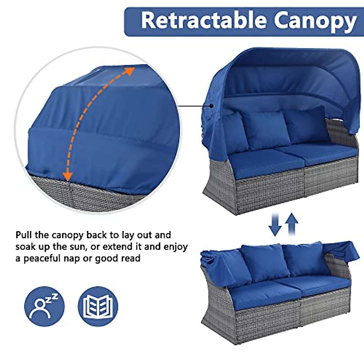 Merax Outdoor Patio Rattan Daybed Sunbed with Retractable Canopy, Sectional Conversation Sofa Set for Backyard and Porch, Blue