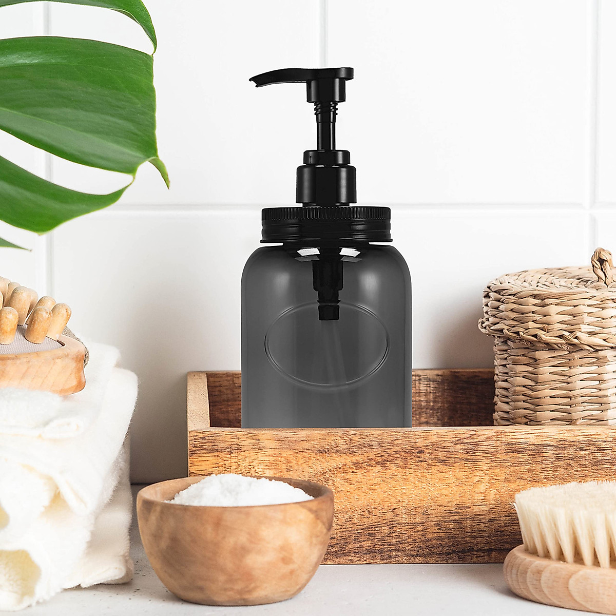 Bottiful Home-24 oz Plastic Refillable Wide-Mouth Jar Style Pump Bottle Dispenser Set of 4 for Shampoo, Conditioner, Wash, Soap, Lotion, Dish Soap, Sanitizer, Detergent (Gray)