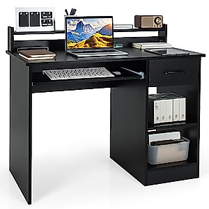 GOFLAME Computer Desk, Home Office Desk with Large Drawers, Hutch, Keyboard Tray, 5-Position Adjustable Open Shelves, Easy Assembly, Writing Desk for Bedroom, Small Space, Living Room, Black