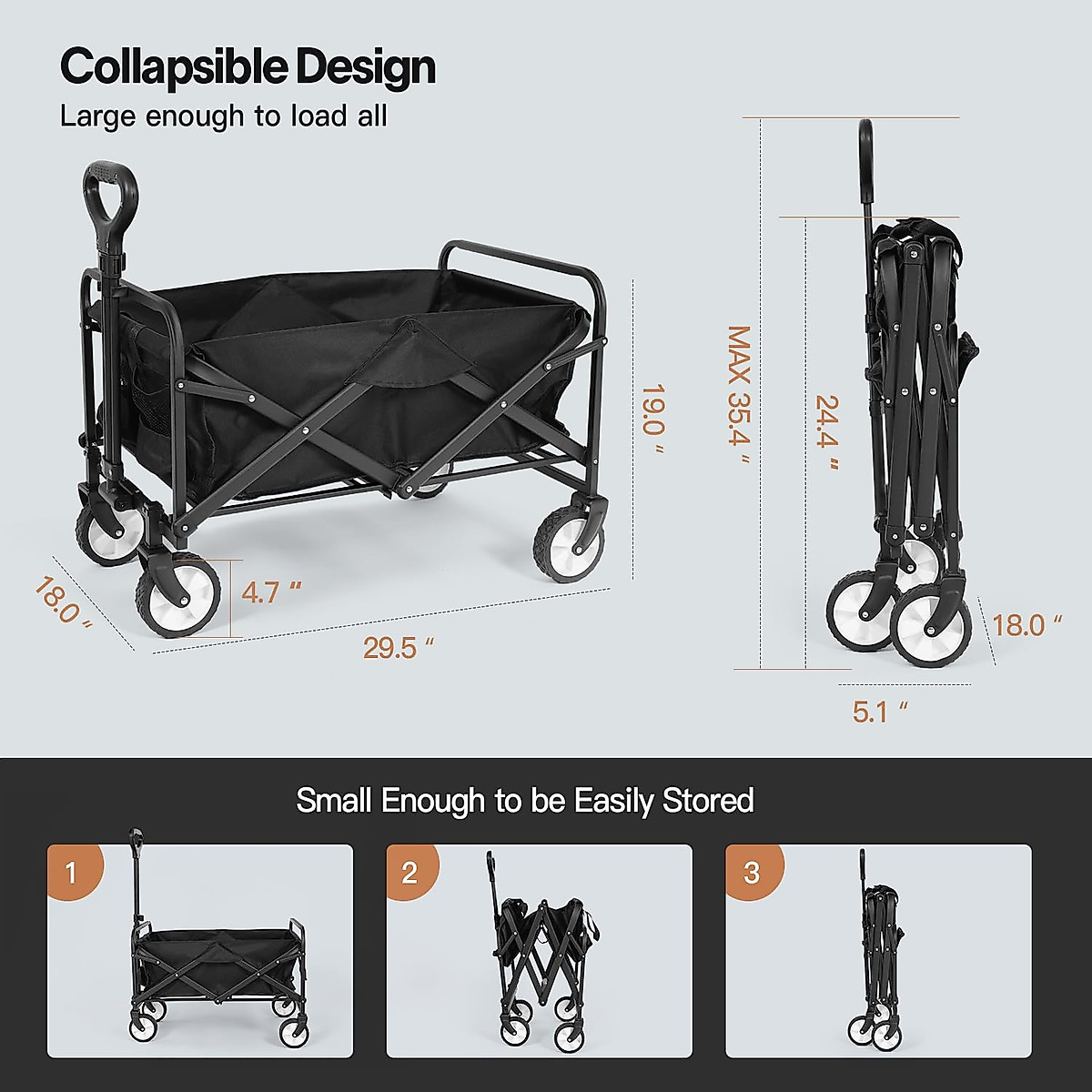 Collapsible Folding Wagon, LUBBYGIM Outdoor Utility Wagon Cart Heavy Duty Foldable with Universal Wheels & Adjustable Handle, Foldable Grocery Wagon for Garden Camping Shopping Sports