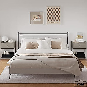 Y&M Nightstand, 1PC 2-Tier Side Table with Drawer, Modern Bedside Table Night Stand Storage Shelf for Small Spaces, Bedroom, Living Room, Wooden Accent Table with Metal Frame - Gray and Black