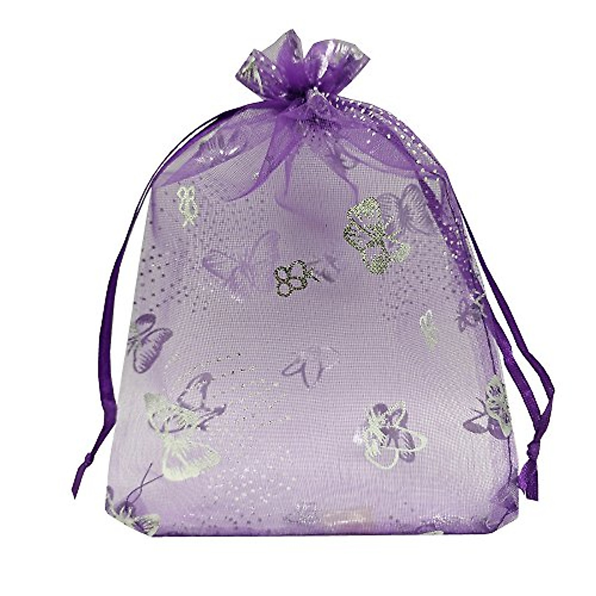 Ankirol 100pcs Sheer Organza Favor Bags Purple Butterfly Print for Wedding Bags Samples Display Drawstring Pouches (5x7)