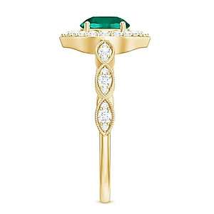 Lab Grown Emerald Diamond Engagement Ring, AAAA Quality, Certified 6 MM Round Emerald Halo Ring (With Jewelry Box), 14K Yellow Gold, Size:US 7.00
