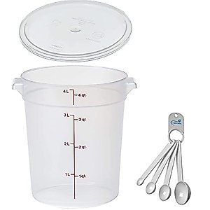 Lumintrail Cambro 4 Quart Round Food Storage Container, Translucent, with a Translucent Lid, Bundle with a Measuring Spoon Set